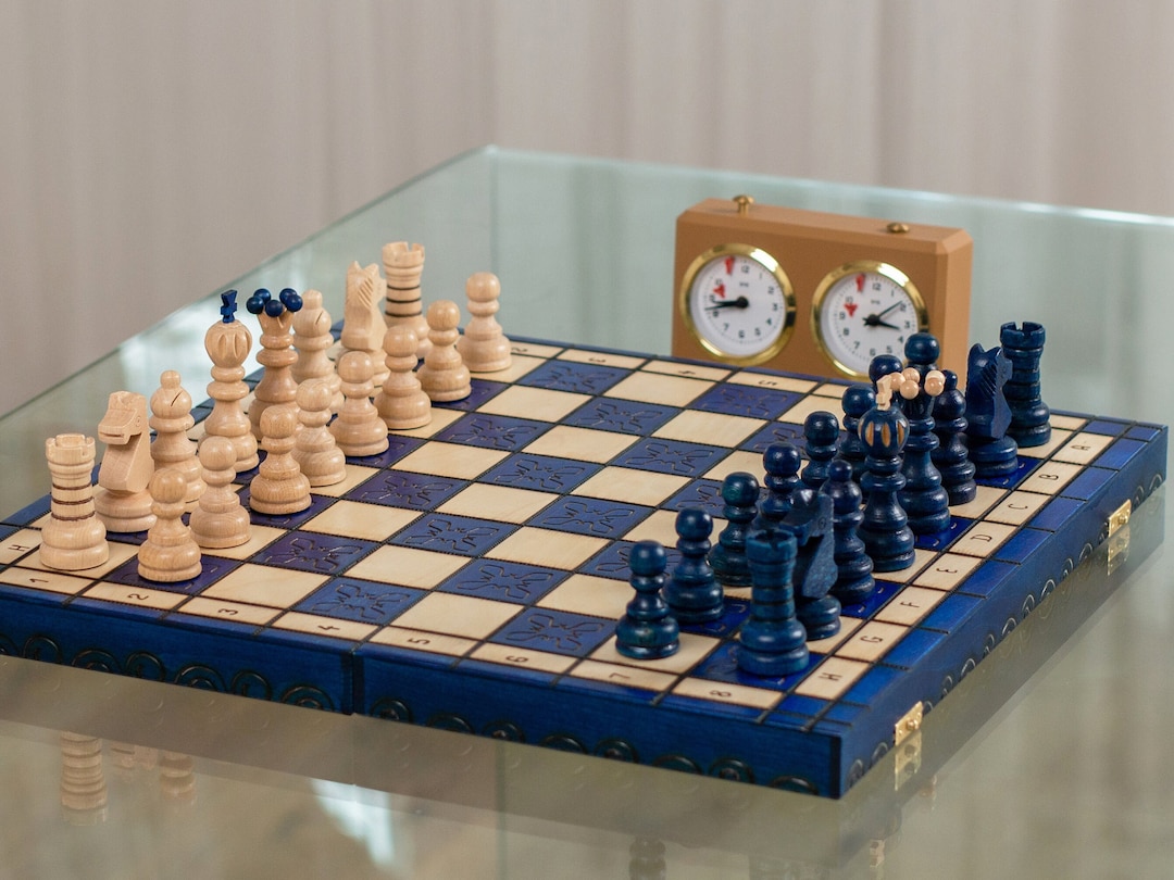 BLUE Xl Large Wooden Chess Set Pearl 42cm / 16in Handcarved Chess ...