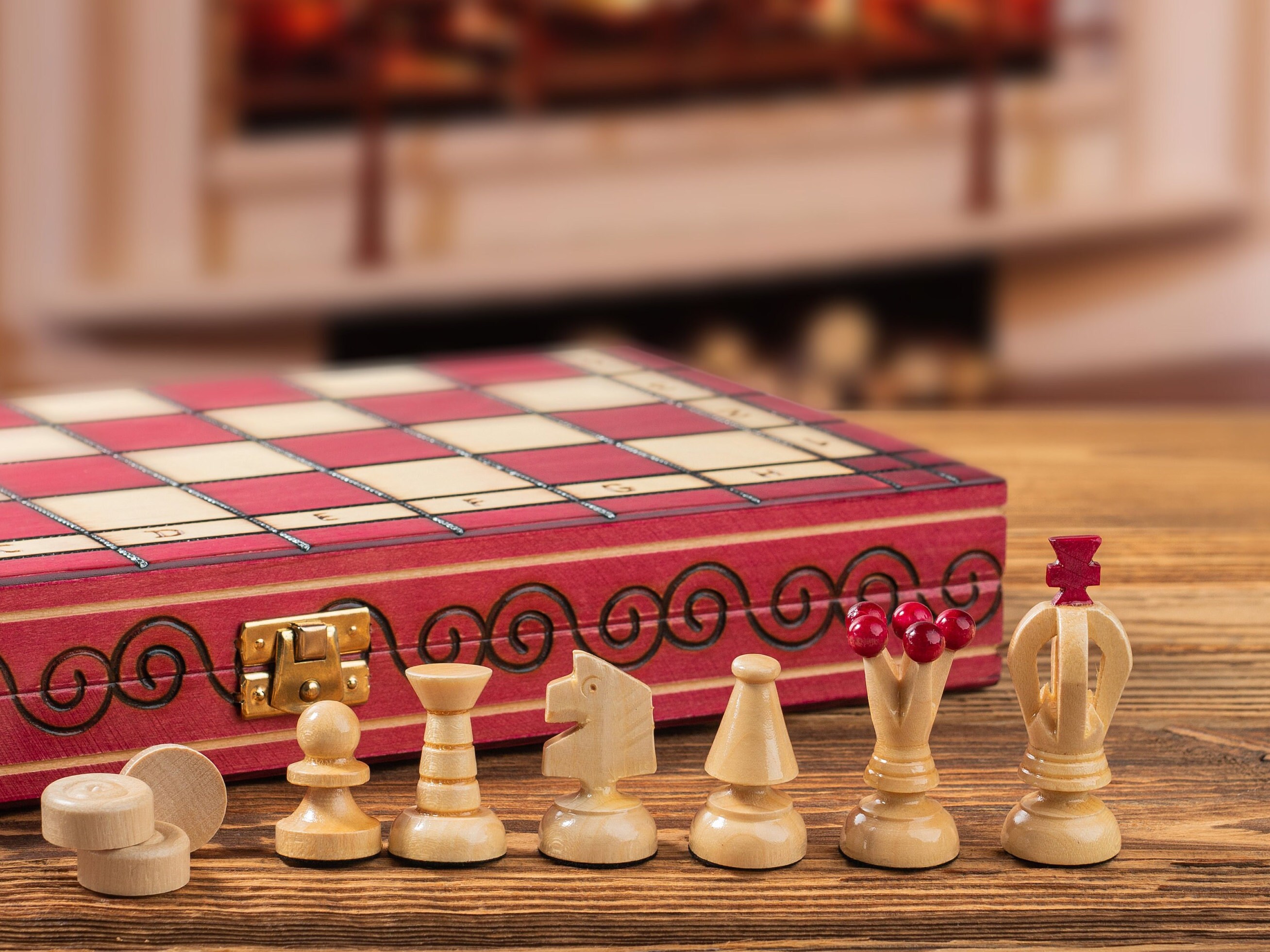 Lovely Cherry RED KINGDOM 2in1 Set Of: Chess & Drafts Checkers 35cm ...