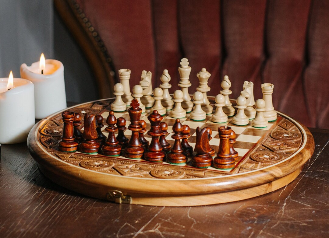 Wooden HAND CARVED Chess Set - Made of Solid Cherry Wood | Round Chess ...