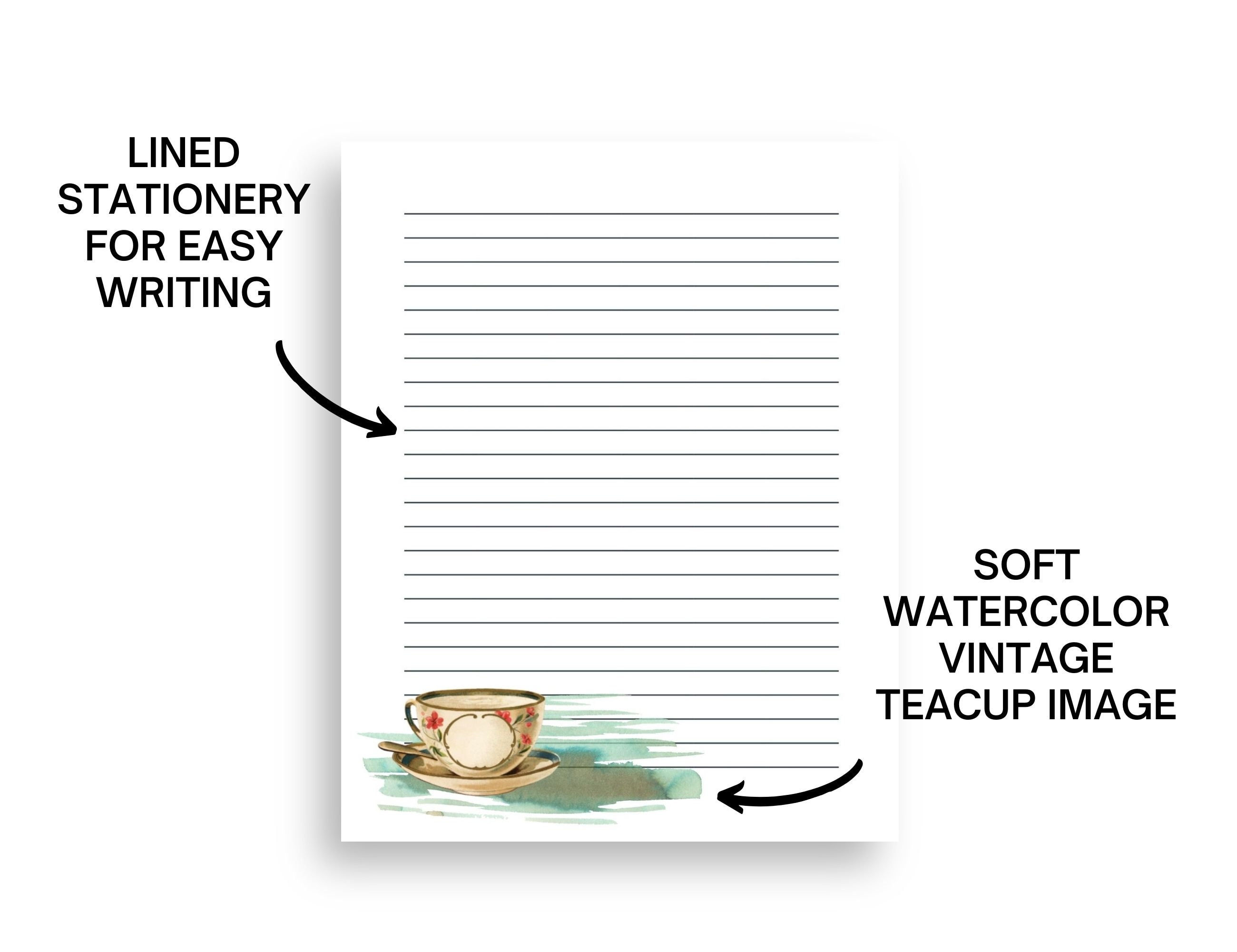 Vintage Teacup Stationery, Digital Notepaper, 8.5 X 11 Inch Lined ...