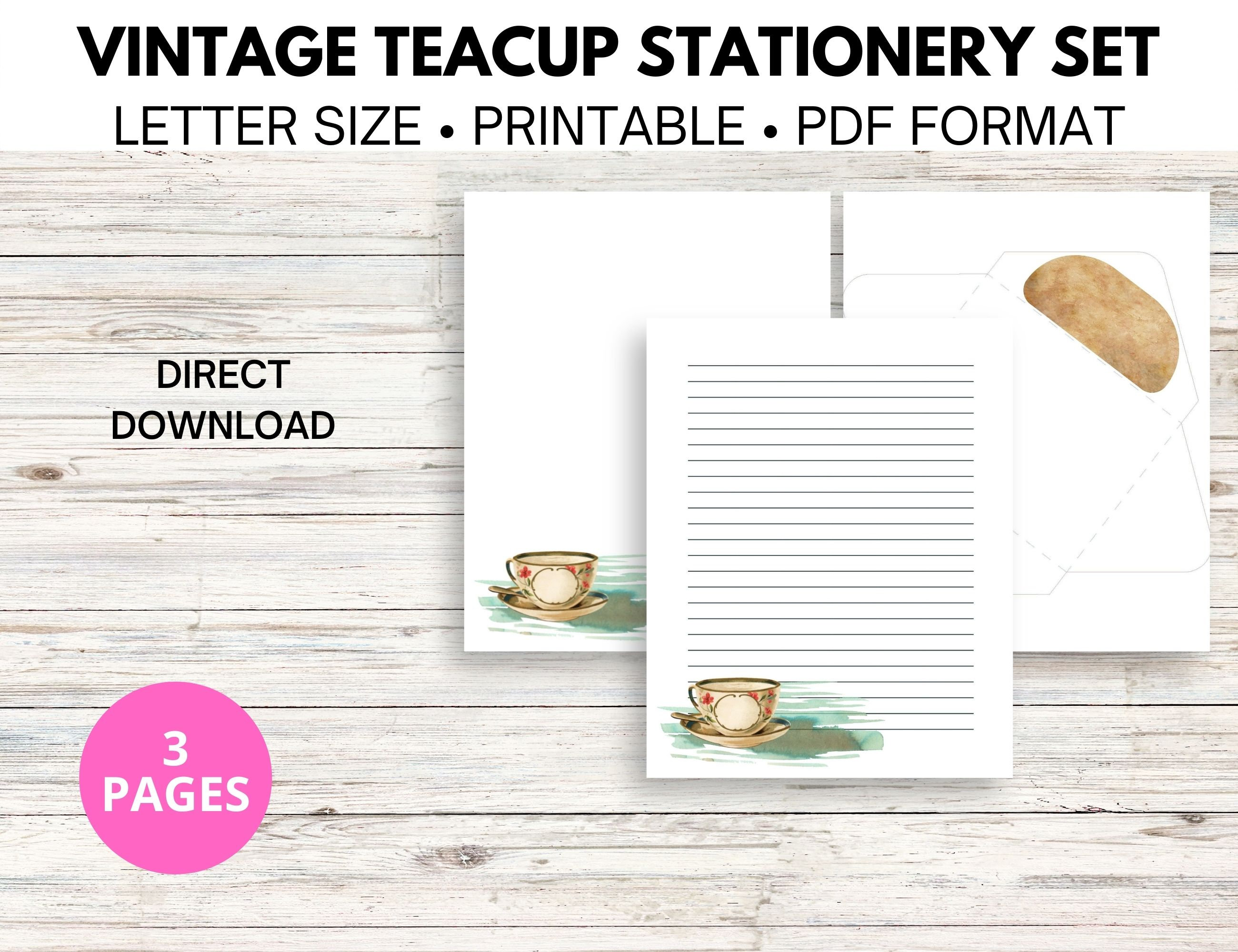 Vintage Teacup Stationery, Digital Notepaper, 8.5 X 11 Inch Lined ...