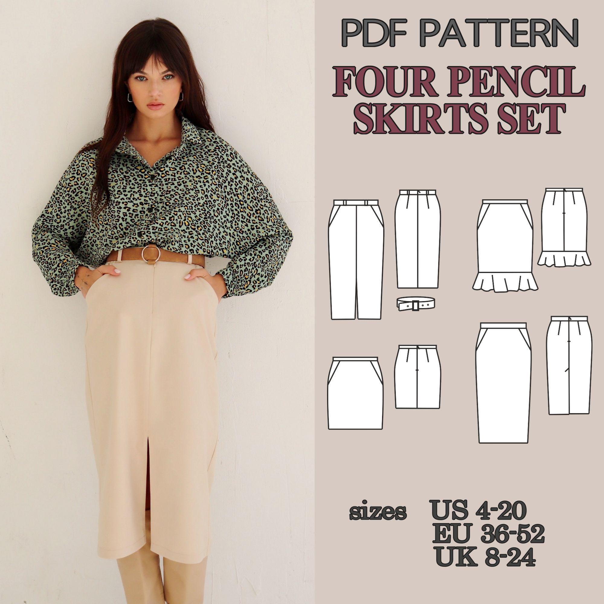 Skirt Sewing Pattern Set, 4 Skirts Patterns Bundle, Pencil Midi Mini ...
