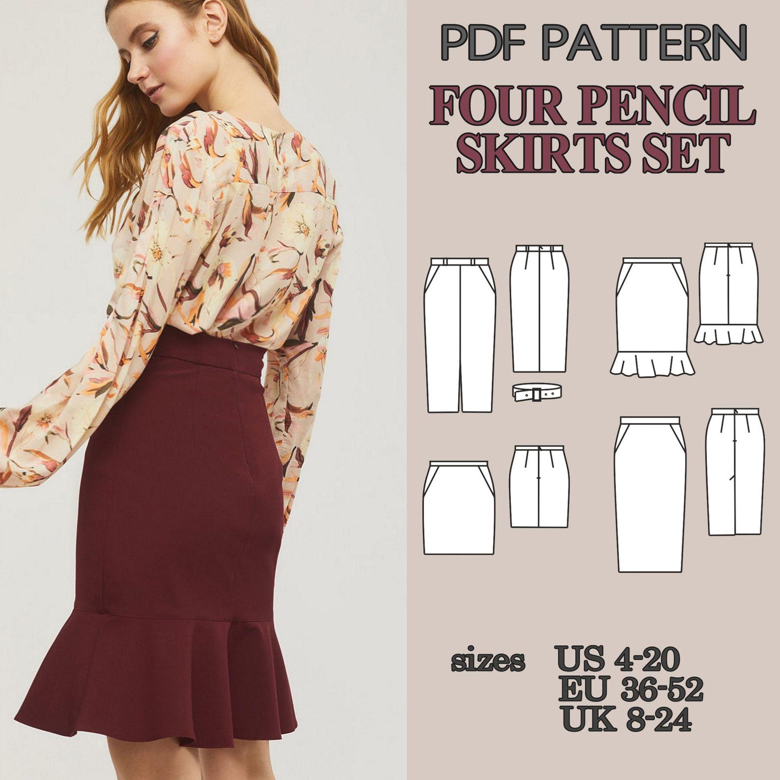 Skirt Sewing Pattern Set, 4 Skirts Patterns Bundle, Pencil Midi Mini ...