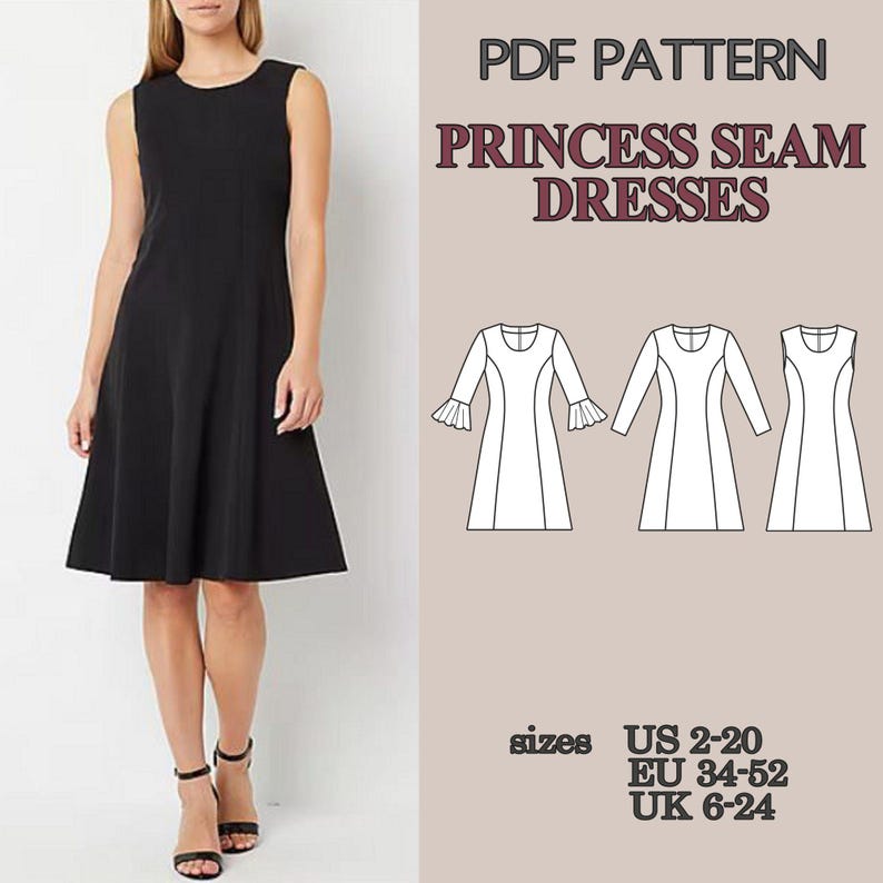 Princess Seam Dress Sewing Pattern PDF Set, 3 Dresses Bundle, Fitted ...