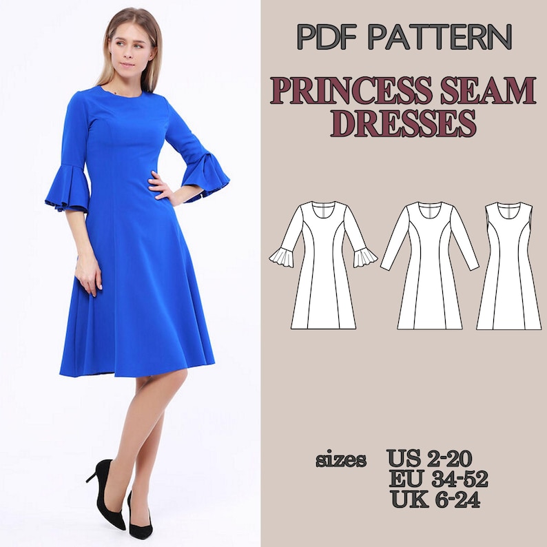 Princess Seam Dress Sewing Pattern PDF Set, 3 Dresses Bundle, Fitted ...