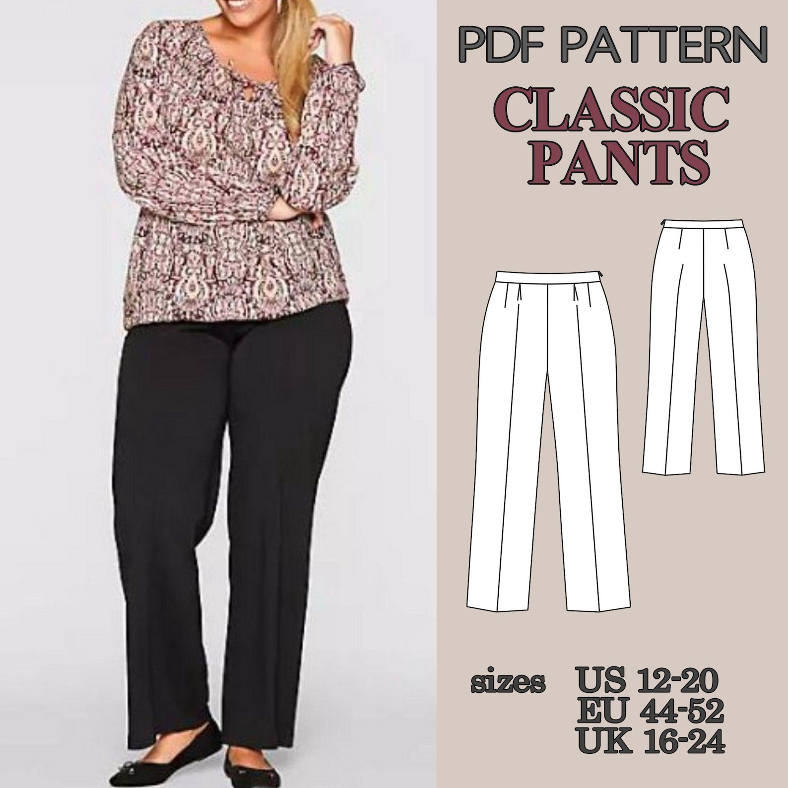 Classic Straight Leg Women Pants Sewing Pattern, High Waist Trousers ...