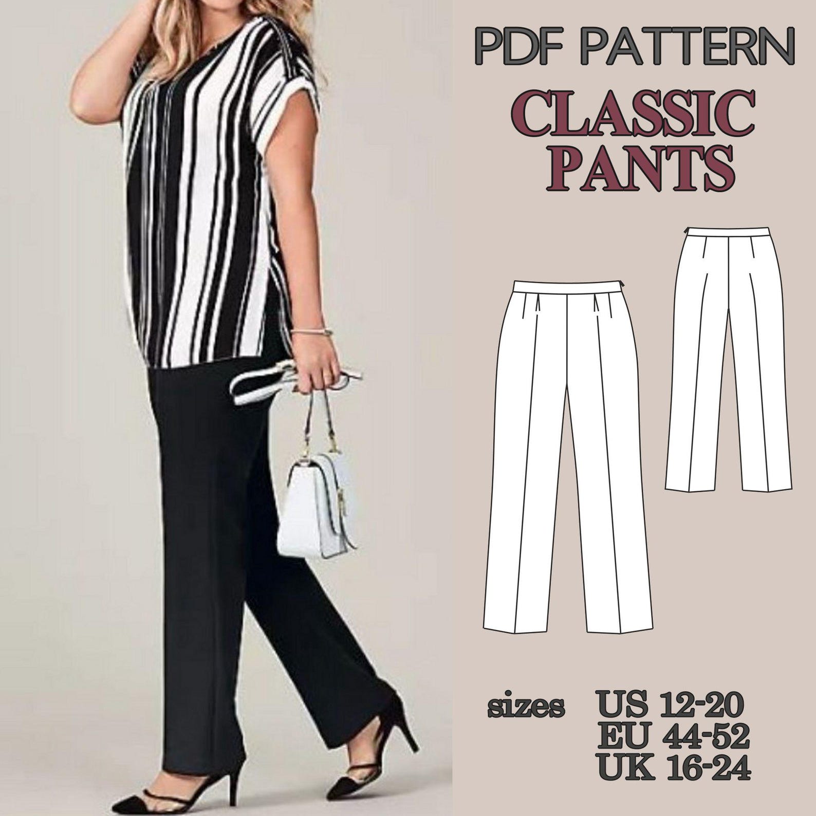Classic Pants Sewing Pattern, Straight Leg Pants Pattern, High Waist ...