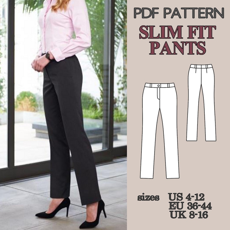 Slim Fit Pants Sewing Pattern, Women Trousers Pattern, Zipper Fly Pants ...