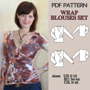 Wrap Blouse Sewing Pattern PDF, Knit Top Pattern, Long Sleeve Wrap Top ...