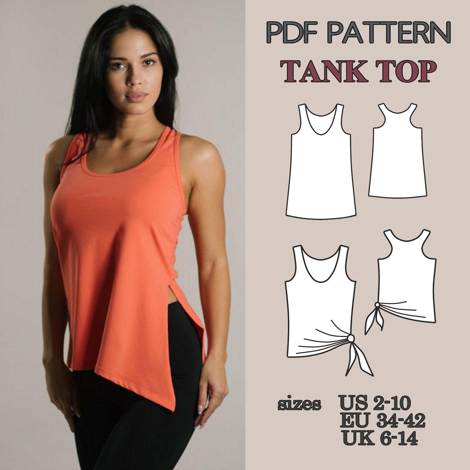 Tank Top Sewing Pattern PDF | Women Knit Tank Top + Side Tie Top ...