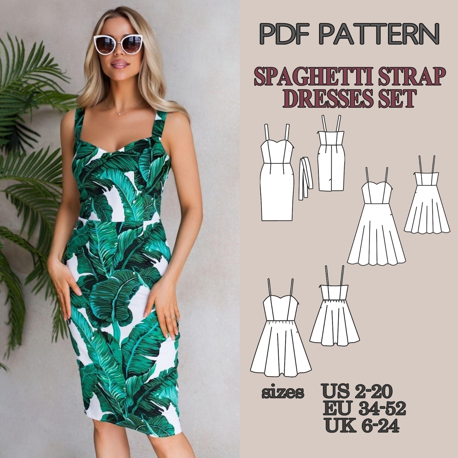 Sweetheart Neck Dress Sewing Pattern PDF Set, 3 Dresses Bundle ...