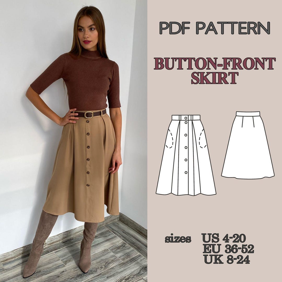 A Line Skirt Sewing Pattern, Midi Button Front Skirt, Pleated Skirt ...