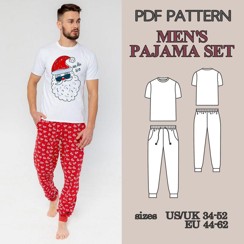 Men Pajama Sewing Pattern PDF, Jogger Pants and T-shirt Sleepwear Set ...