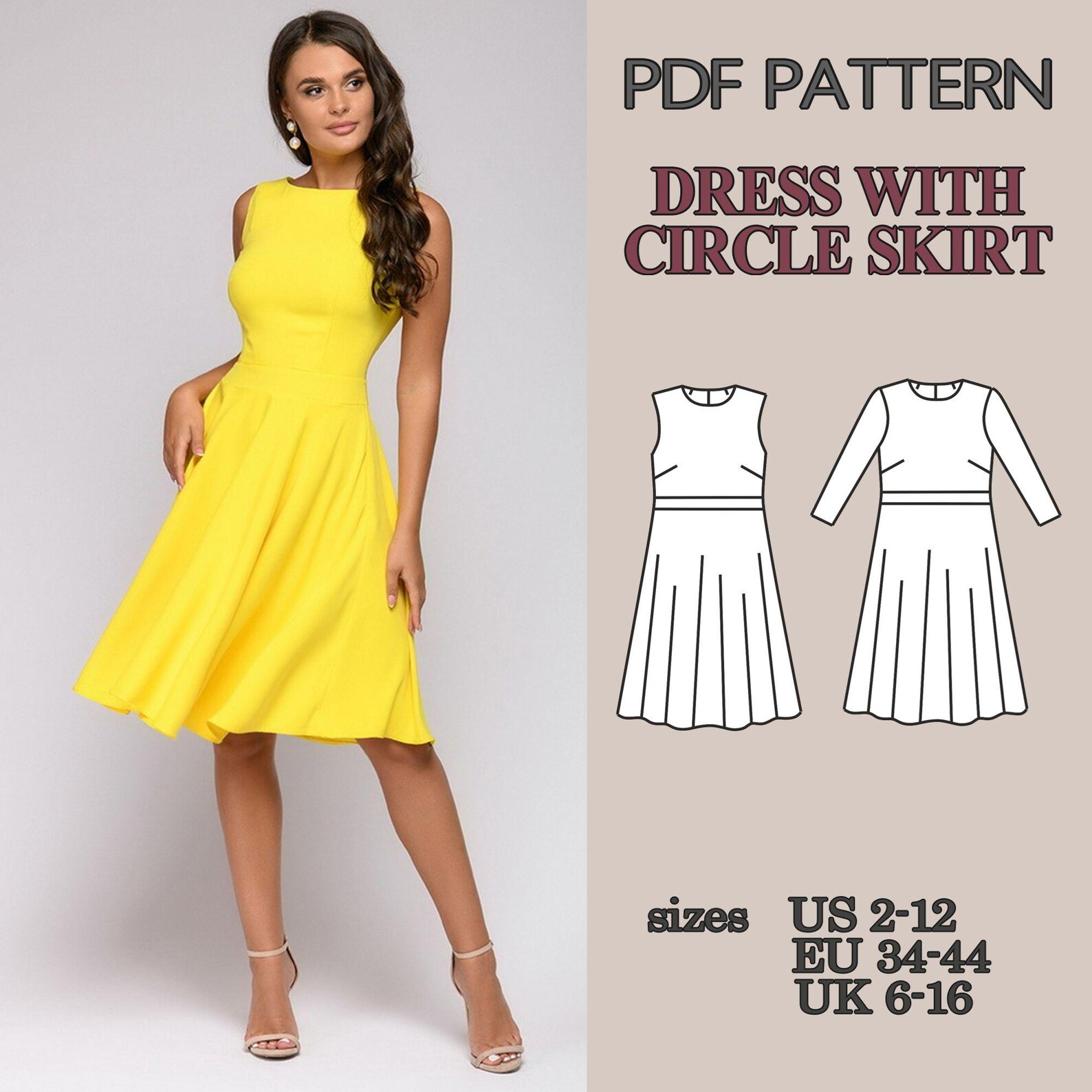 Dress Sewing Pattern PDF, Midi Circle Skirt Dress, Bust Dart Dress ...