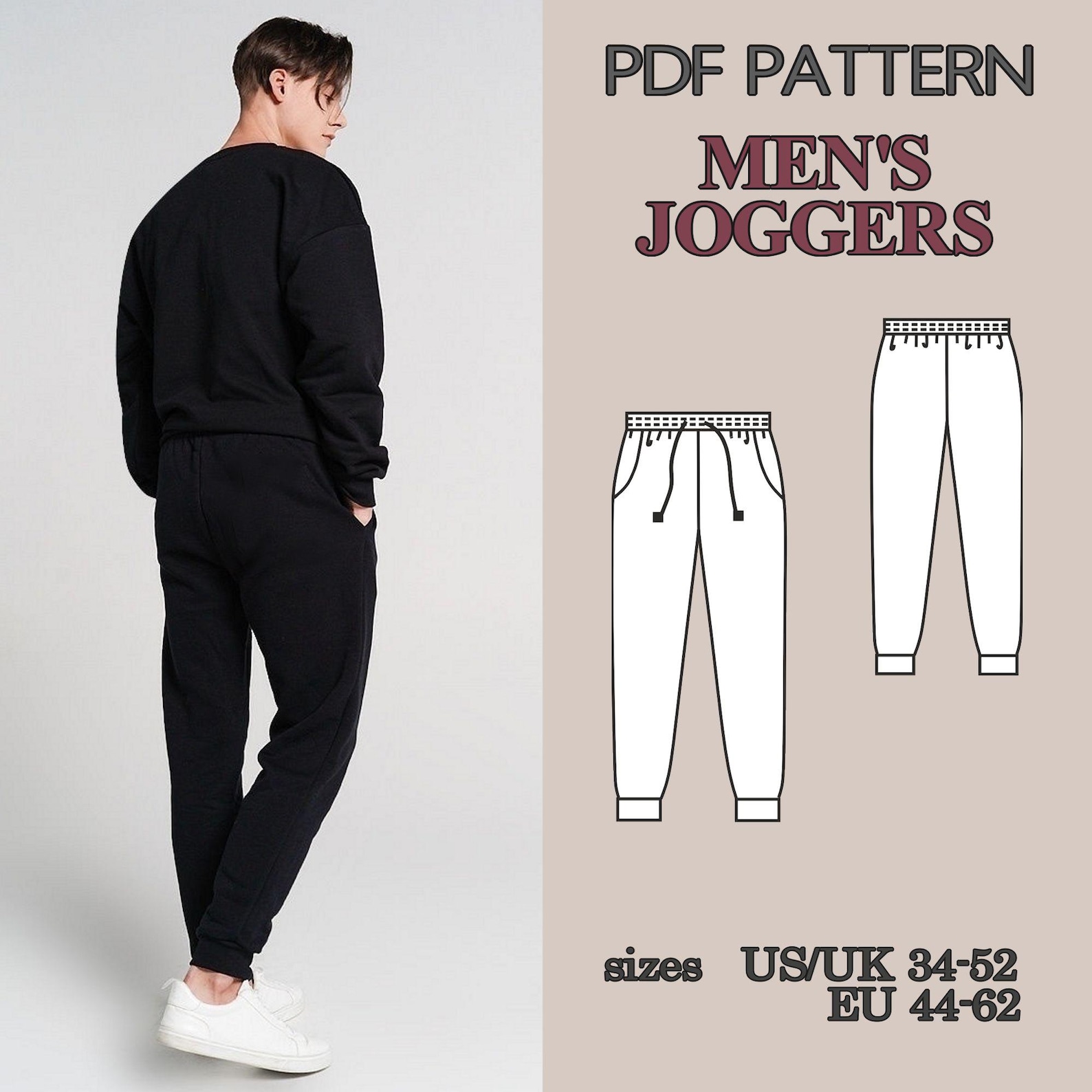 Men Joggers Sewing Pattern PDF, Elastic Waist Sweatpants With Pockets ...