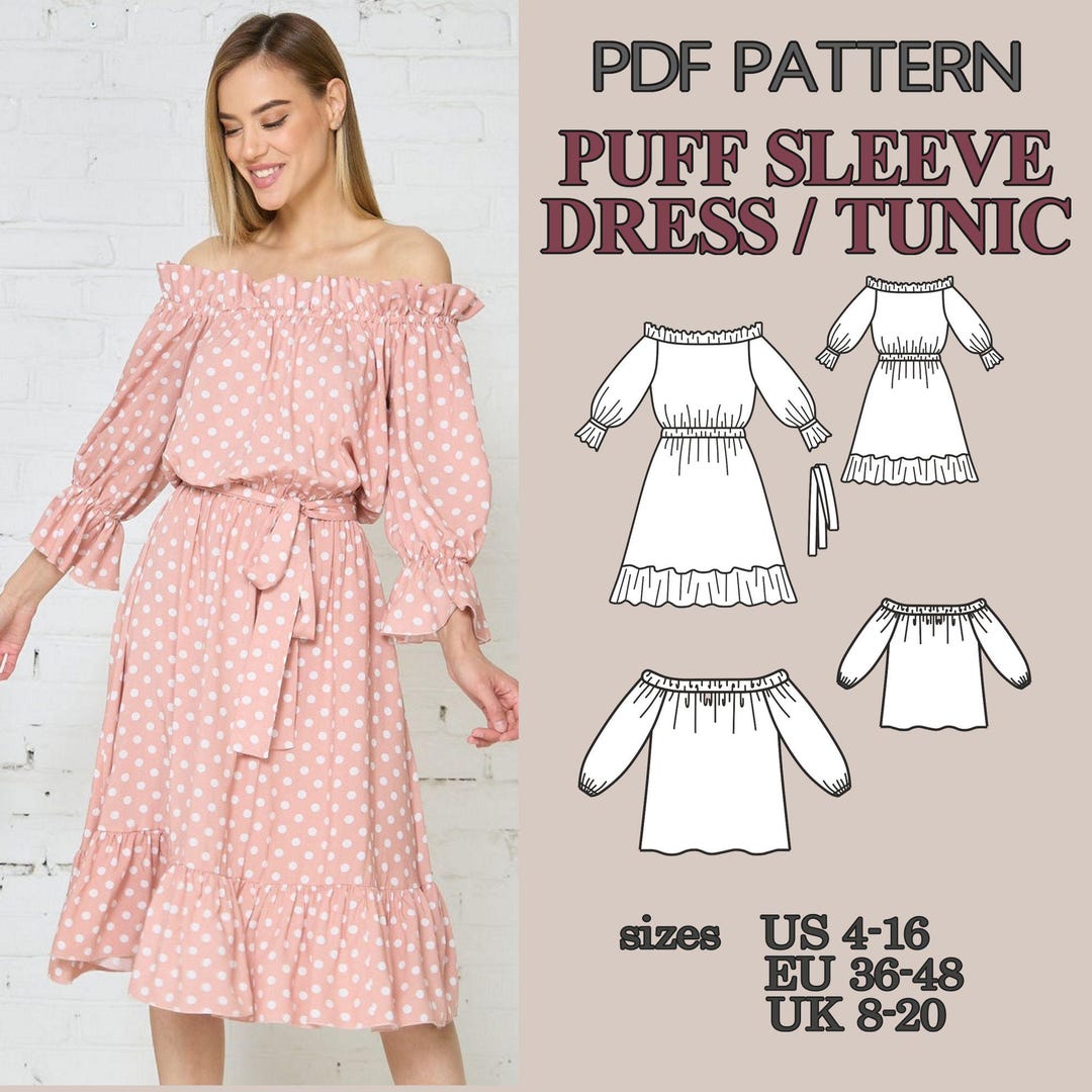 Puff Sleeve Dress Pattern, Sewing Pattern, off the Shoulder Dress ...