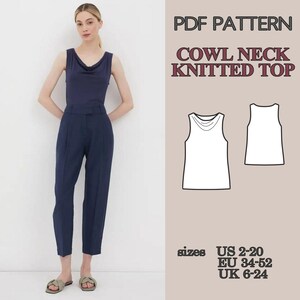Cowl Neck Top Sewing Pattern PDF, Sleeveless Knit Blouse Pattern ...
