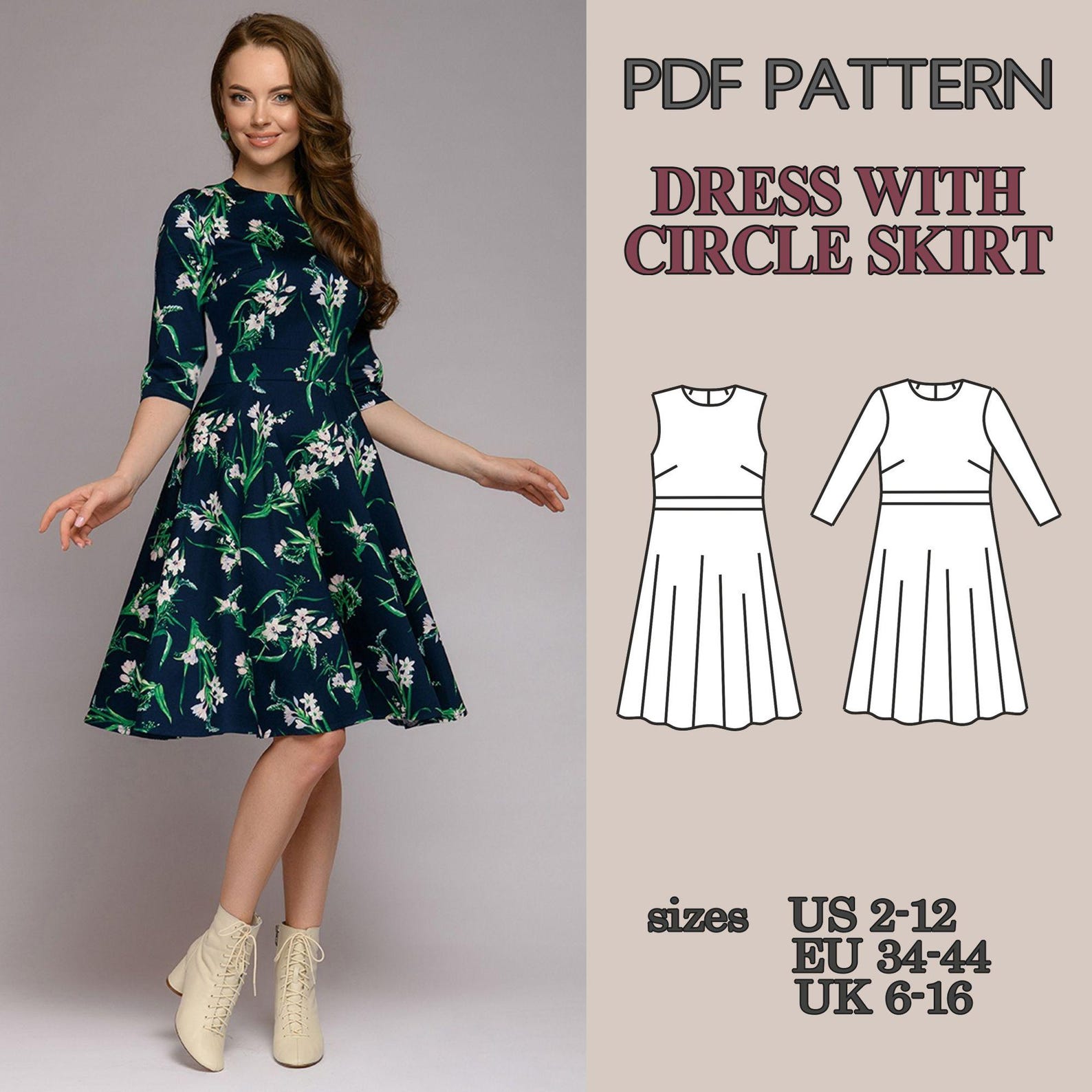 Dress Sewing Pattern PDF, Midi Circle Skirt Dress, Bust Dart Dress ...