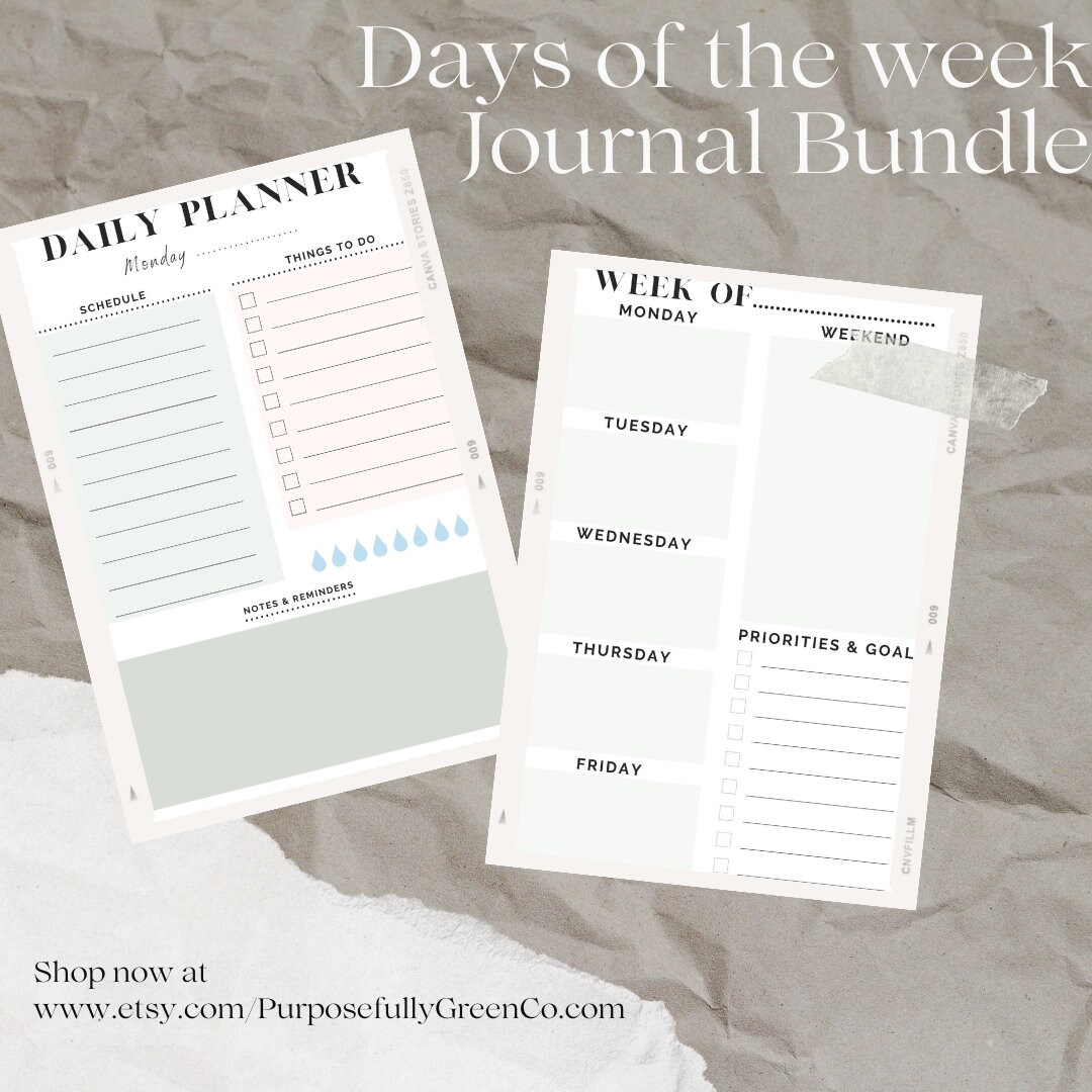 BUNDLE Set of 12 Days of the Week Journal Printable / - Etsy