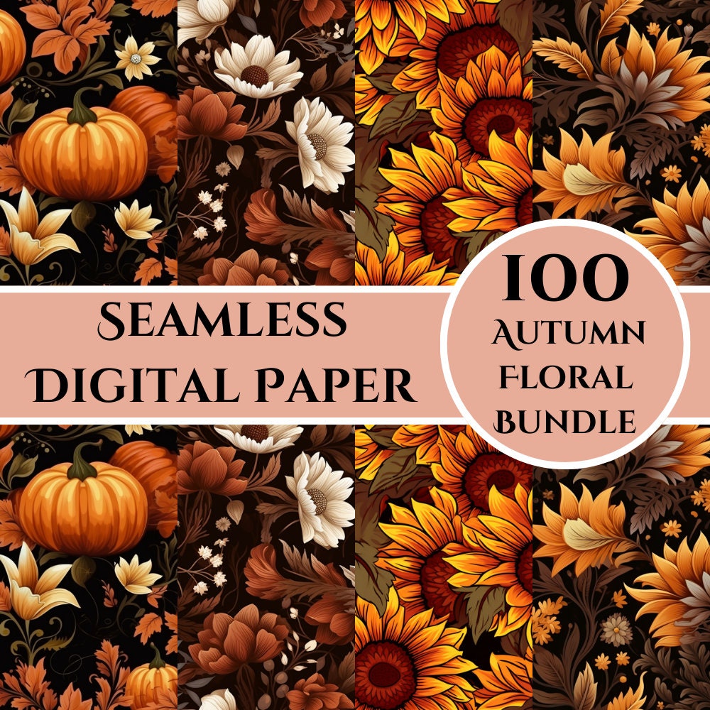 100 Autumn Floral Themed Digital Papers, Seamless, Commercial, Instant ...