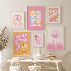 Trendy Gallery Wall Prints, Retro Art Print Bundle Set of 6, Pink and ...