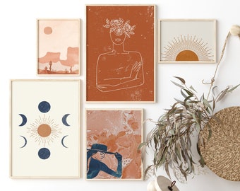 Boho Gallery Wall Print Set Modern Boho Prints Matching Rust | Etsy