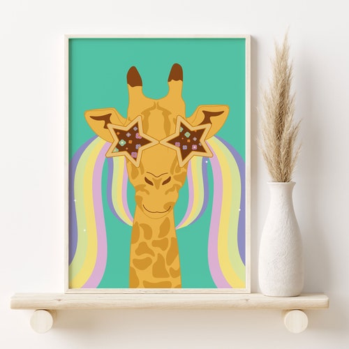 Retro Giraffe Print Funky Giraffe Wall Art With Rainbow - Etsy