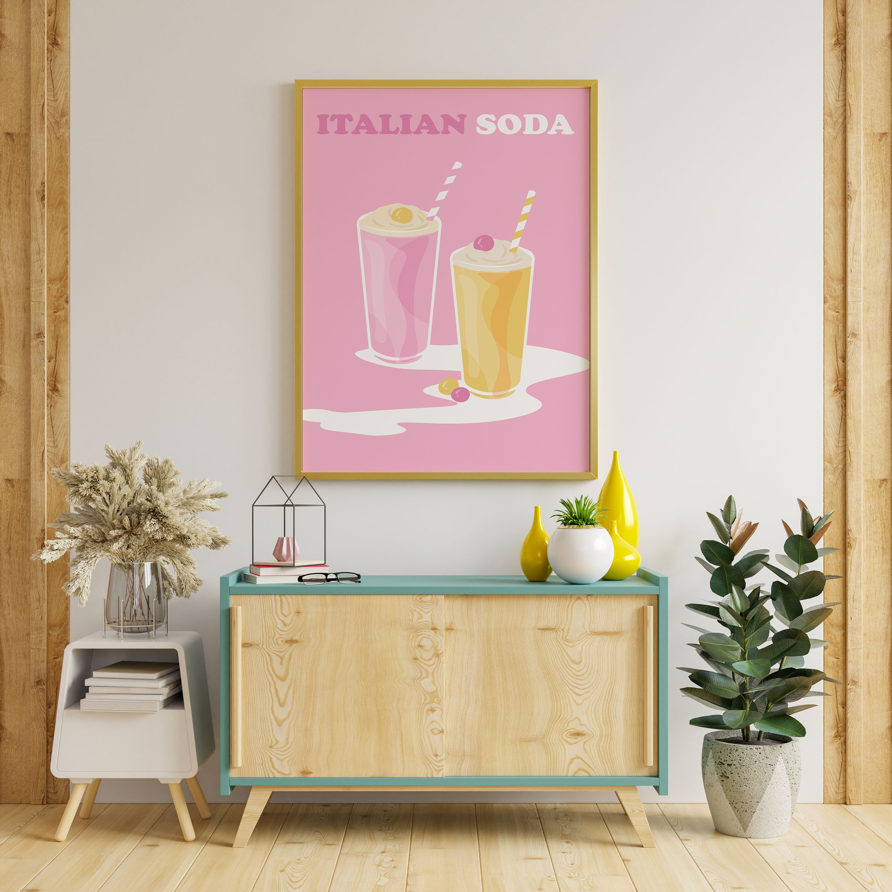 Pink and Yellow Drink Print Retro Poster Cute Modern Wall - Etsy