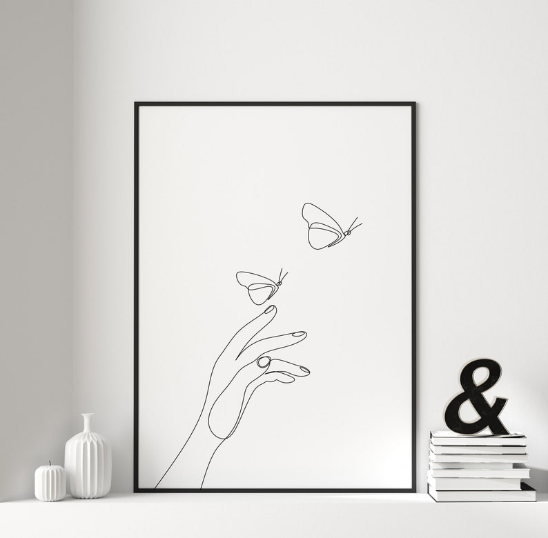 Line Drawing Art Hand With Butterfly, Abstract Line Artwork, Chic Boho ...