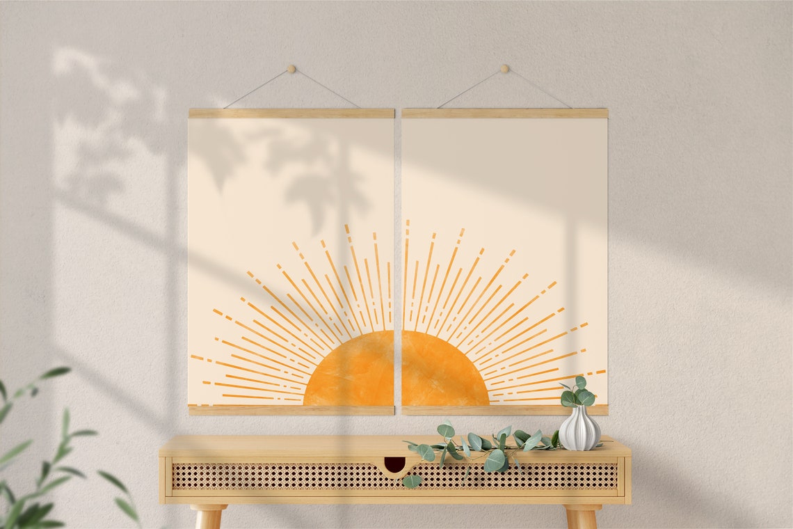 Boho Sun Print Set of 2, Yellow Sun Poster, Modern Sunrise Art, Boho ...
