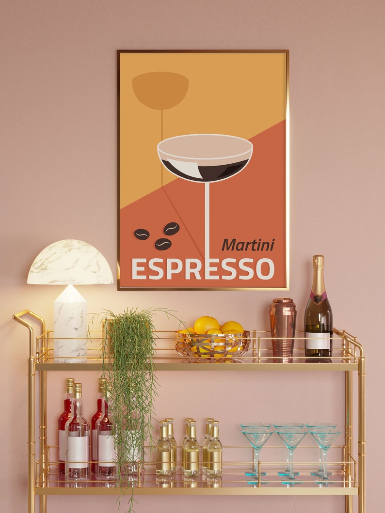 Cocktail Print, Mid Century Modern Retro Orange Yellow Poster, Digital ...