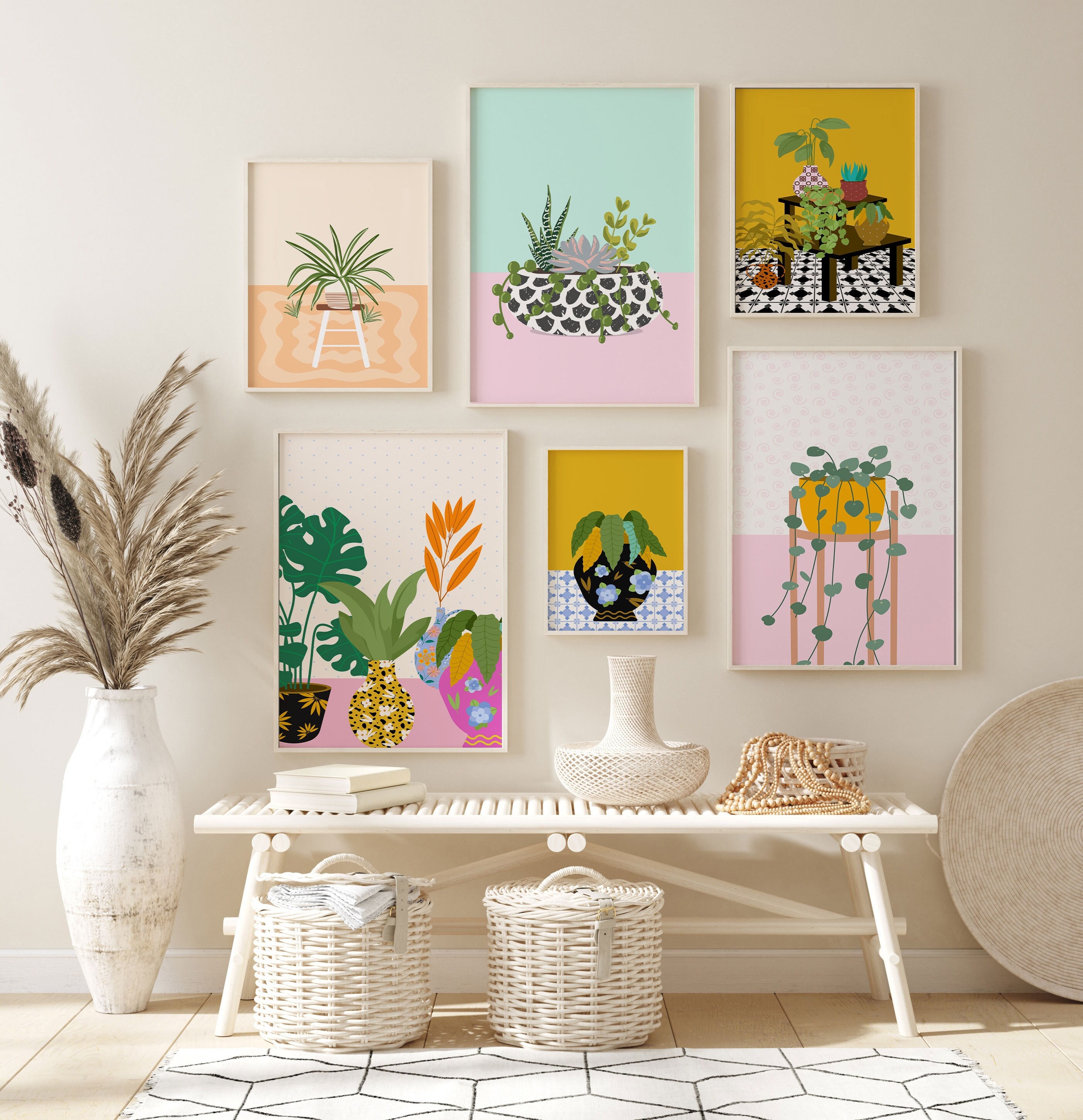 Trendy Retro House Plants, Colorful Gallery Wall Art, Funky Botanical ...