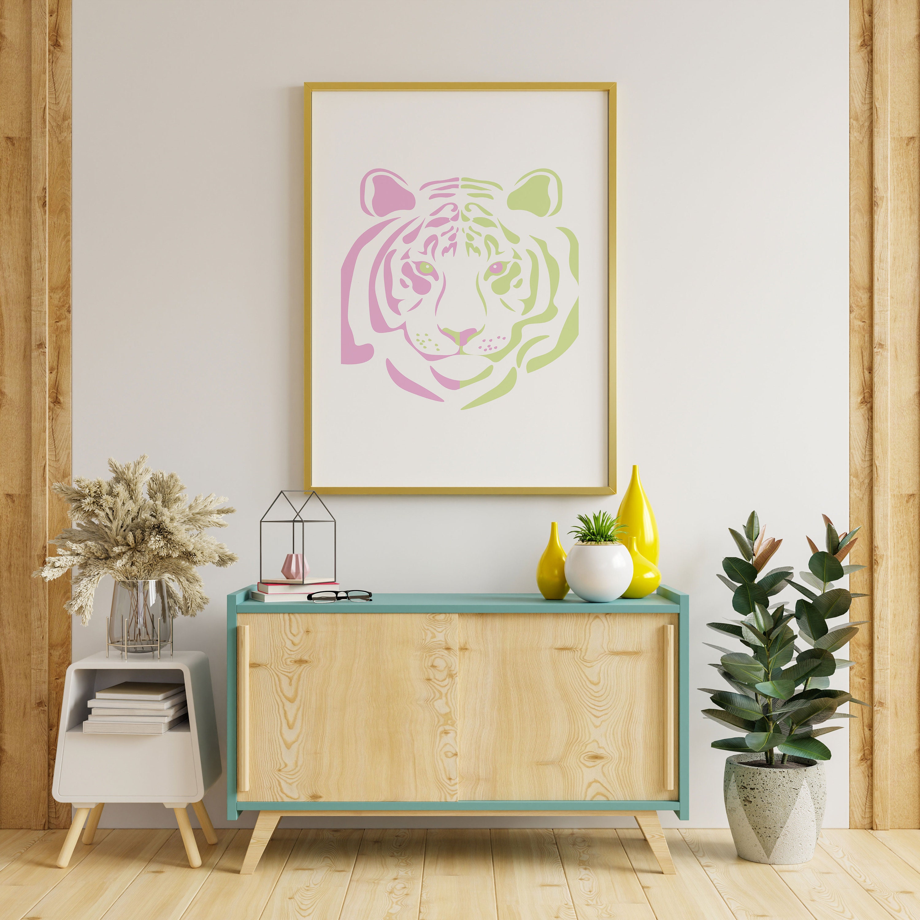 TIGER WALL ART Retro Tiger Print Pastel Pink and Green Above | Etsy