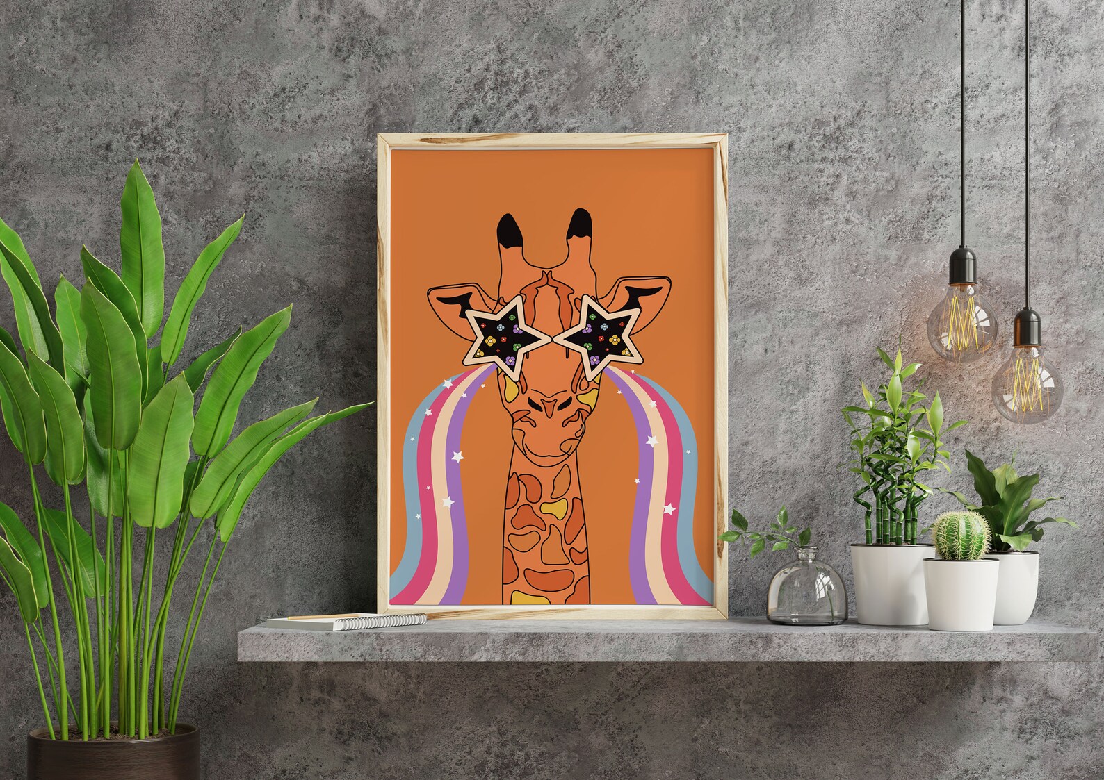 Retro Giraffe Print Funky Giraffe Wall Art With Rainbow | Etsy