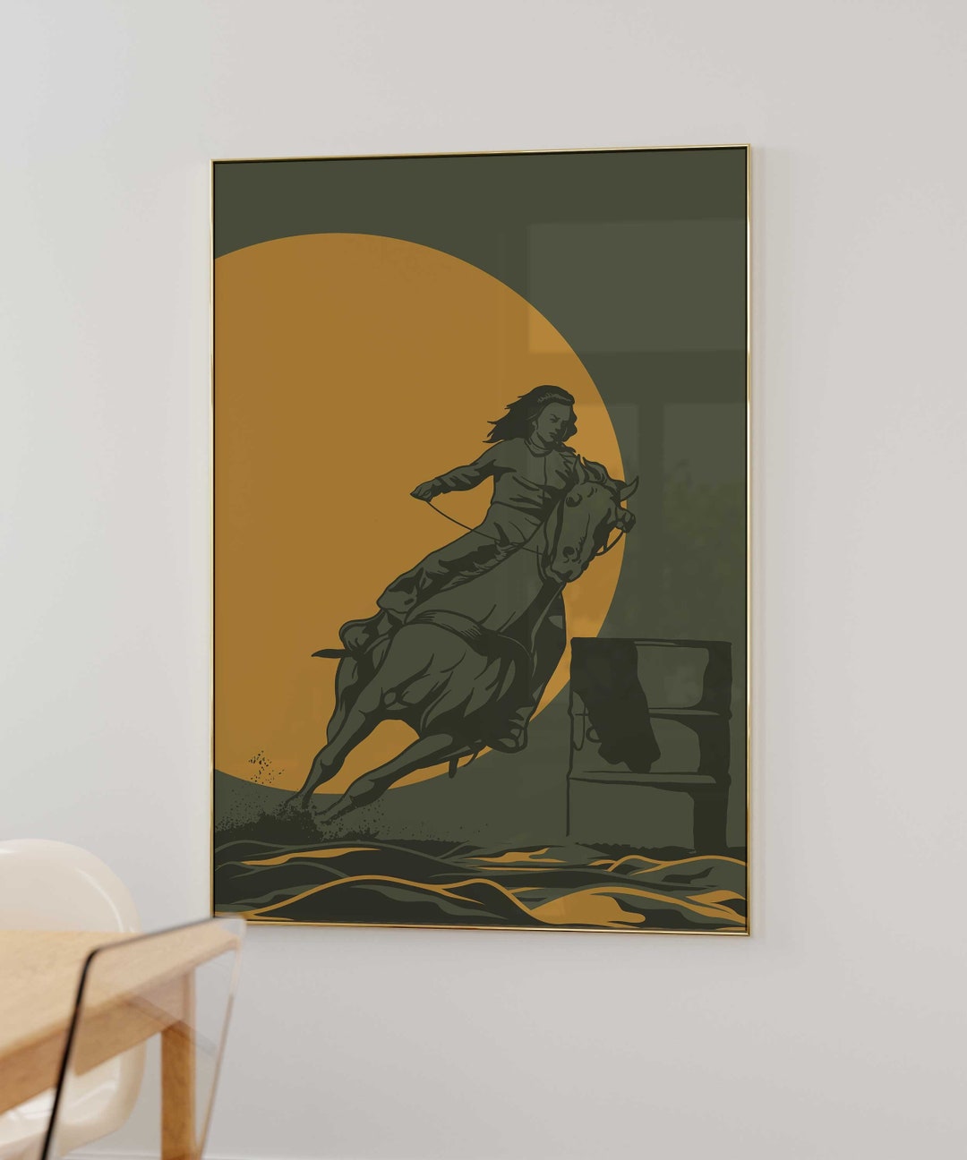 Retro Barrel Racing Poster, Rodeo Art, Trendy Cowgirl Print, Olive ...