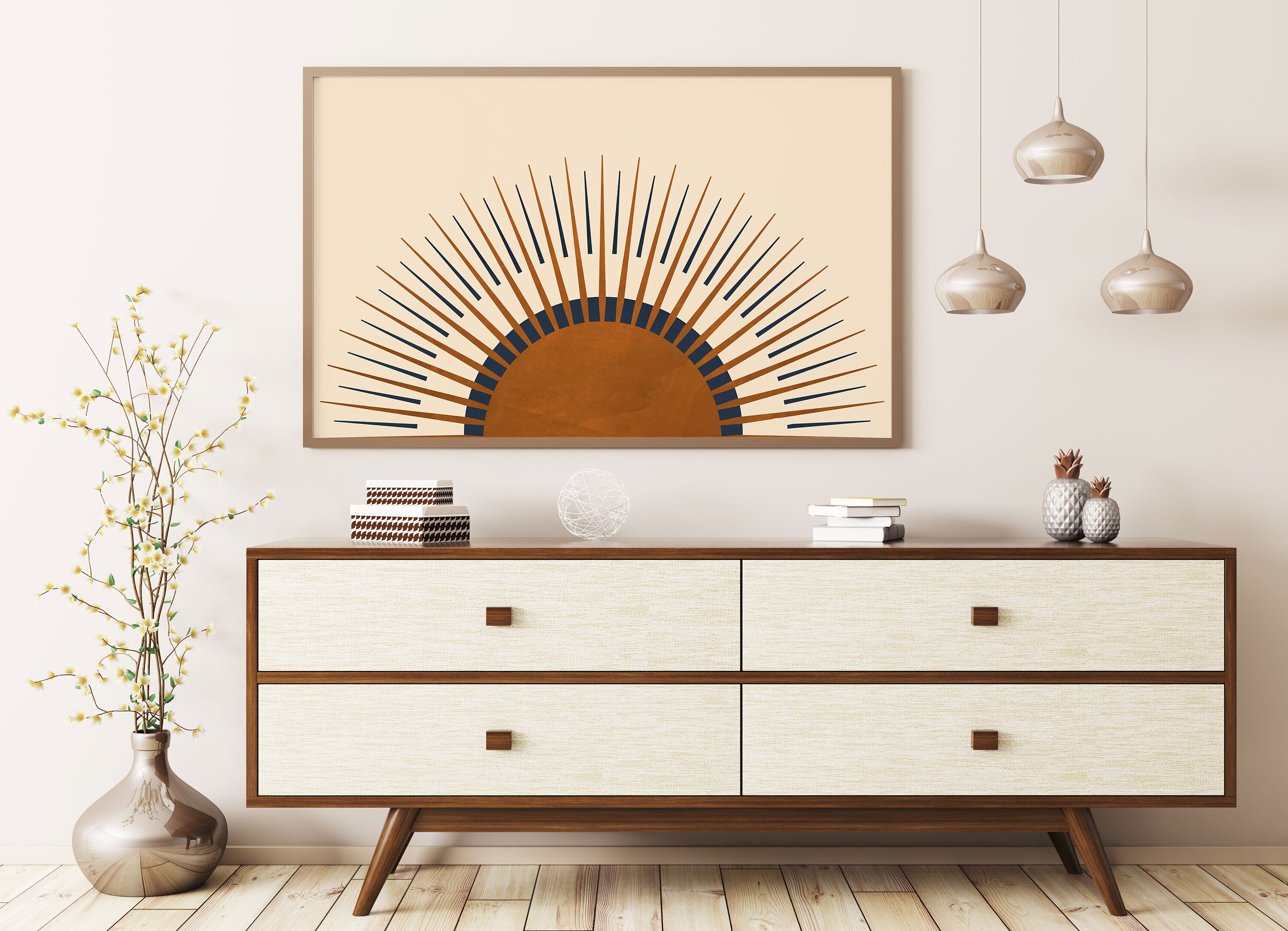 Sun Poster Navy and Terracotta Print Bedroom Wall Decor Over | Etsy