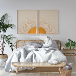 Boho Sun Print Set of 2, Yellow Sun Poster, Modern Sunrise Art, Boho ...