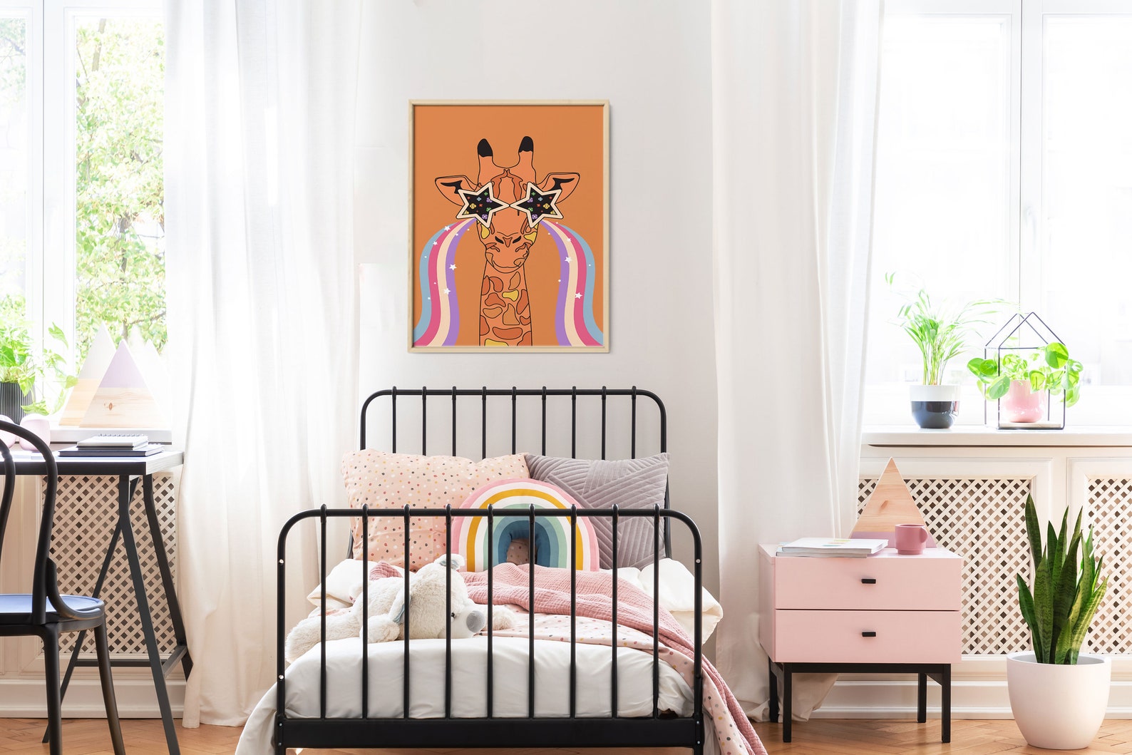 Retro Giraffe Print Funky Giraffe Wall Art With Rainbow - Etsy