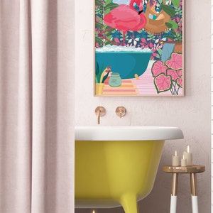 Flamingo Art Bathroom Decor, Pink Flamingo Wall Art, Bright Colorful ...