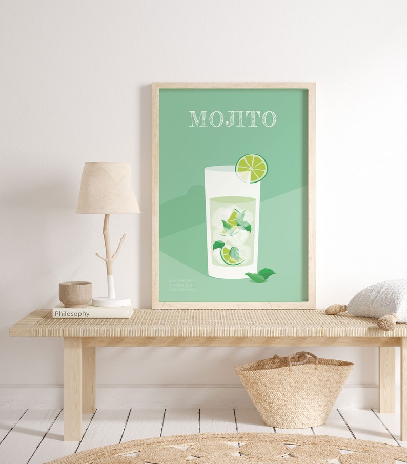 Mojito Cocktail Print With Recipe, Trendy Wall Art Bar Cart Accessory ...