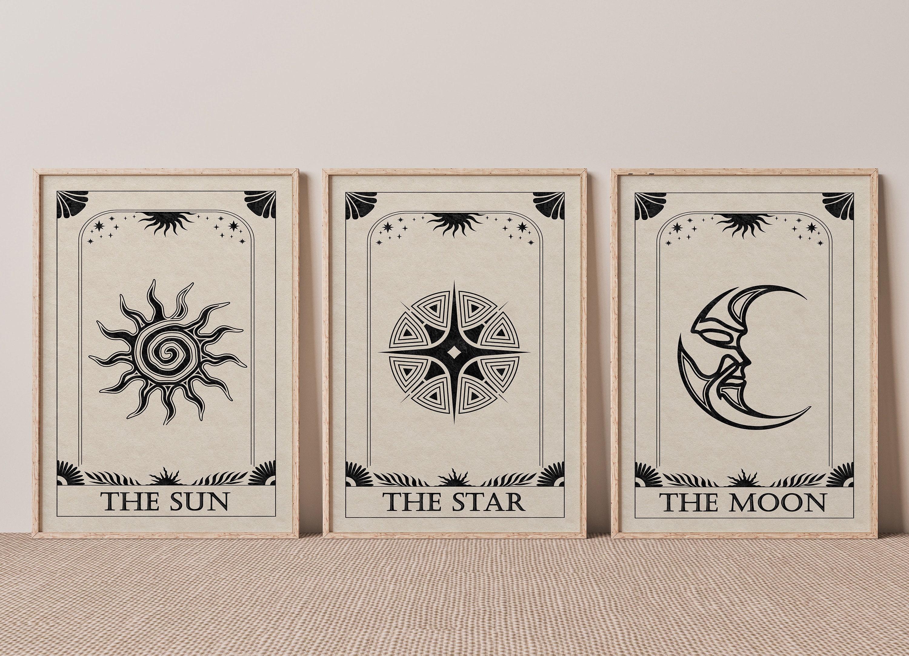 Celestial Wall Art Sun Moon Stars Print set of 3 Tarot Art | Etsy
