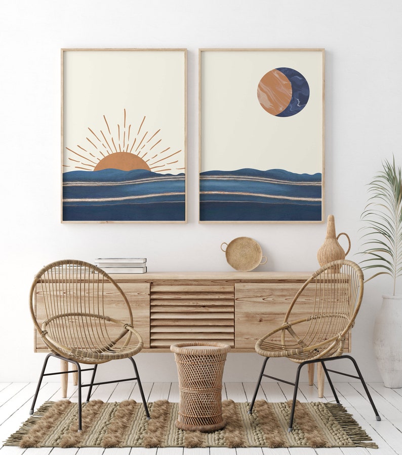 Sun and Moon Wall Art Abstract Art Minimalist Wall Art Set - Etsy