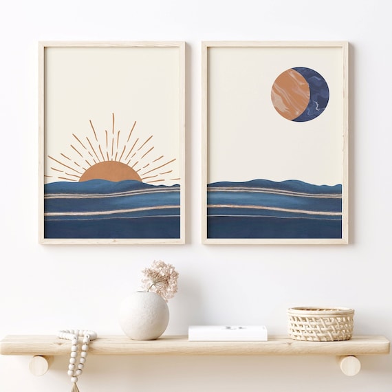 Sun and Moon Wall Art Abstract Art Minimalist Wall Art Set | Etsy