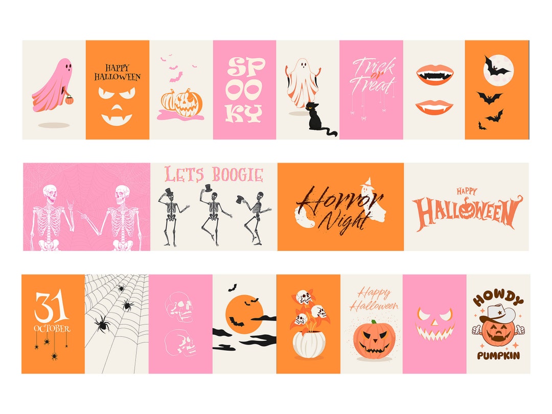 Pink and Orange Halloween Print Bundle, Halloween Wall Art Set, 20 Cute ...