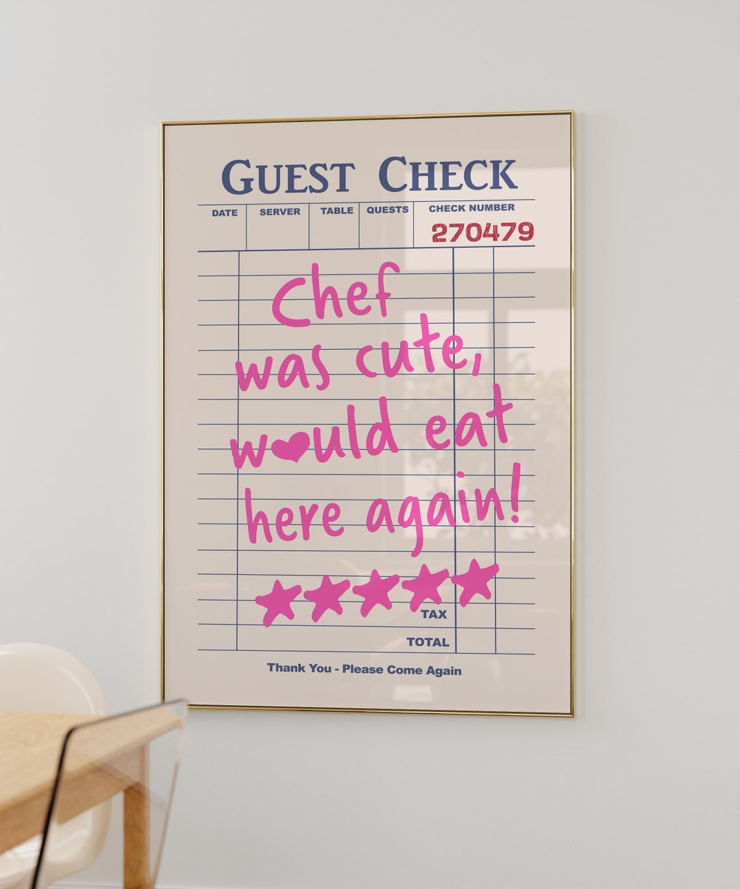 Guest Check Print, Trendy Wall Art, Chef Was Cute Would Eat Here Again ...