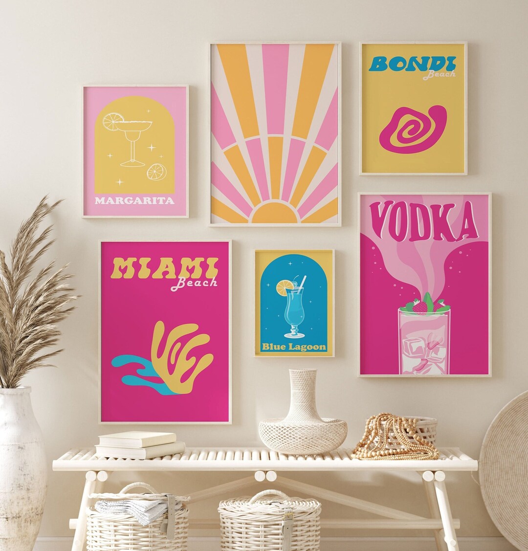Trendy Colorful Print Set of 6, Gallery Wall Poster Bundle, Retro Bar ...
