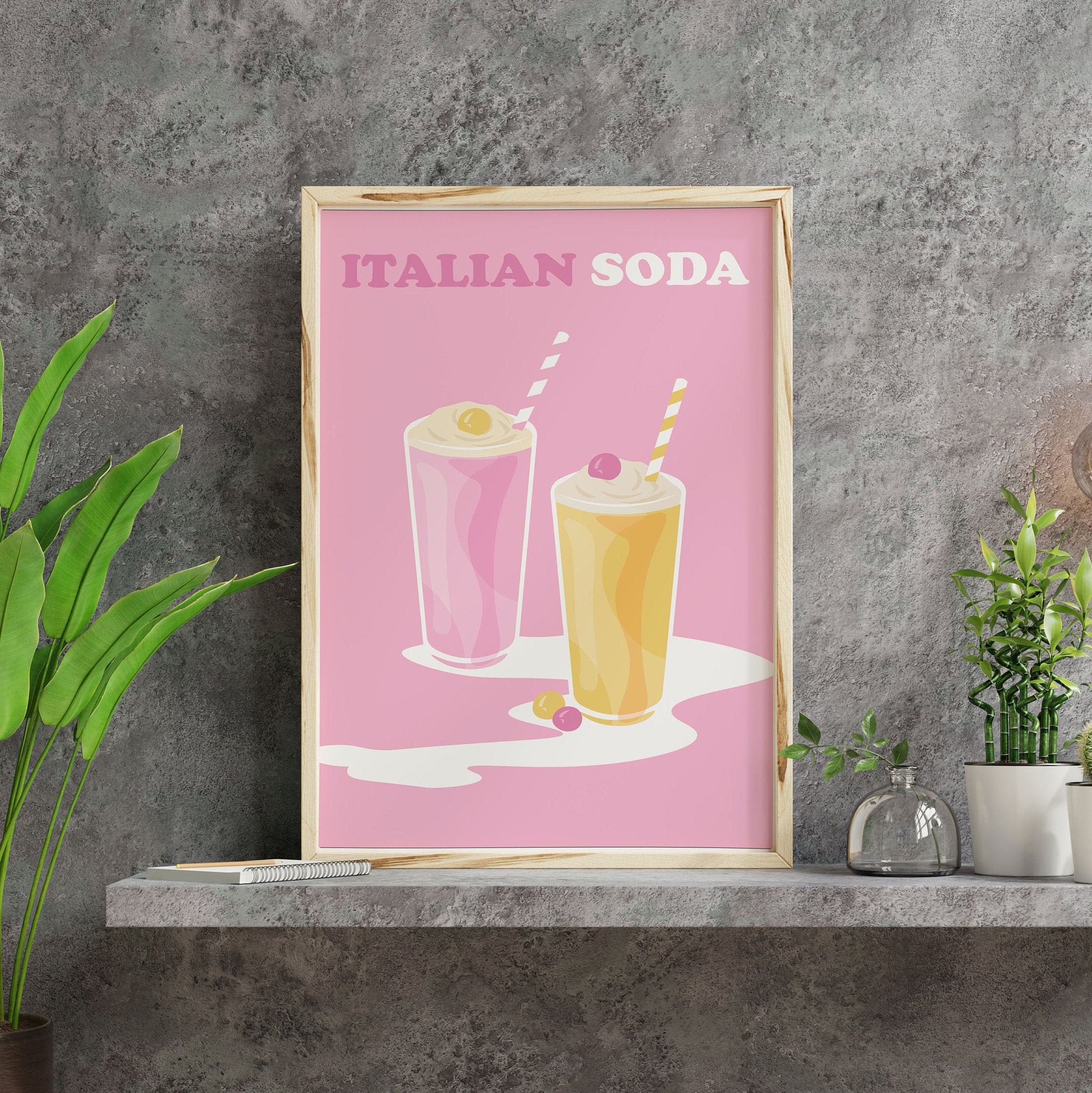 Pink and Yellow Drink Print Retro Poster Cute Modern Wall - Etsy
