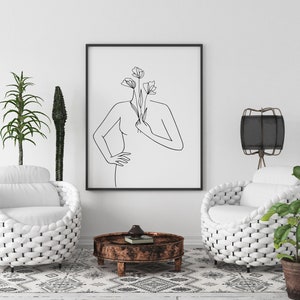 Woman Body Line Art With Flower Head Modern Minimalist Art | Etsy