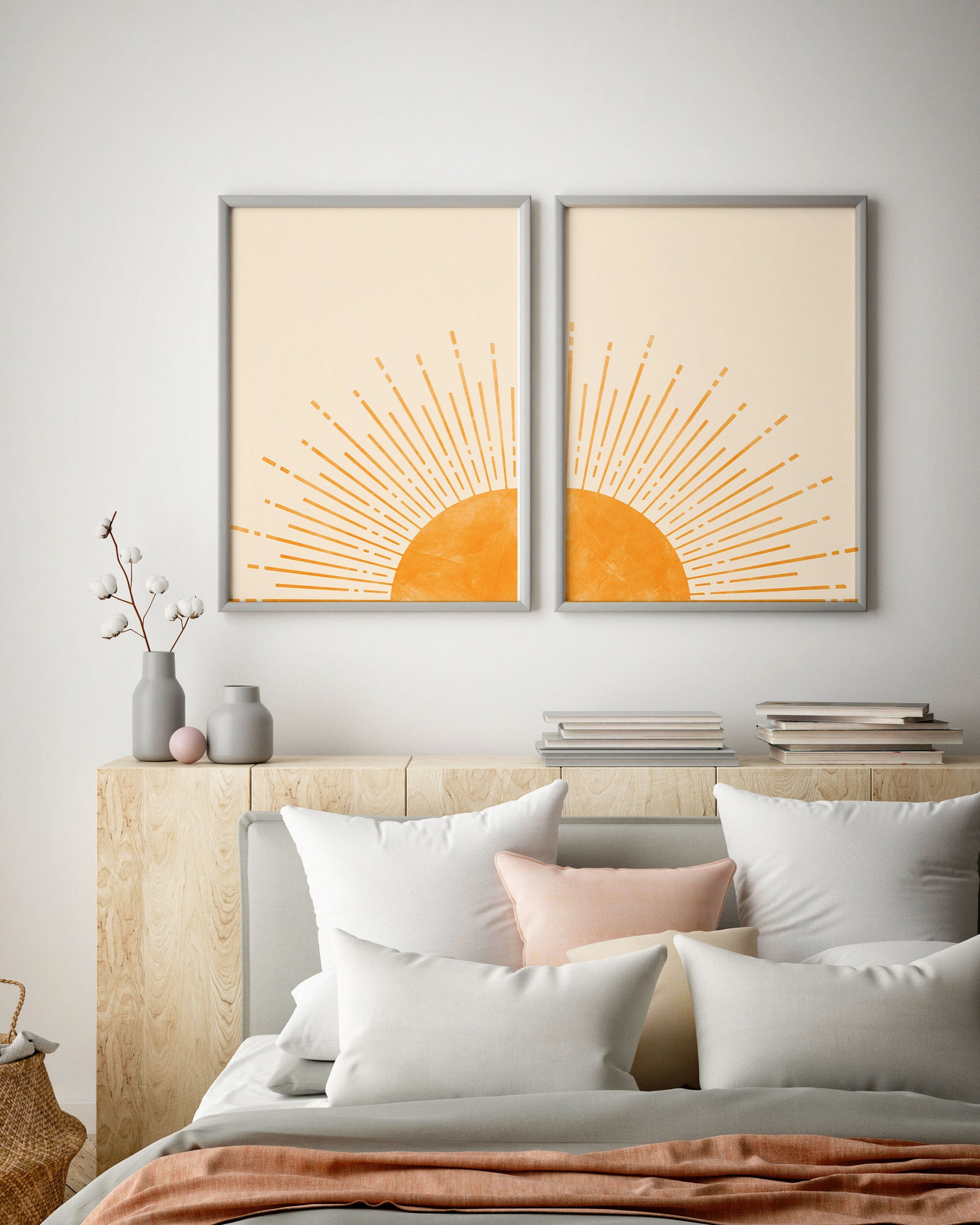 Boho Sun Print Set of 2, Yellow Sun Poster, Modern Sunrise Art, Boho ...