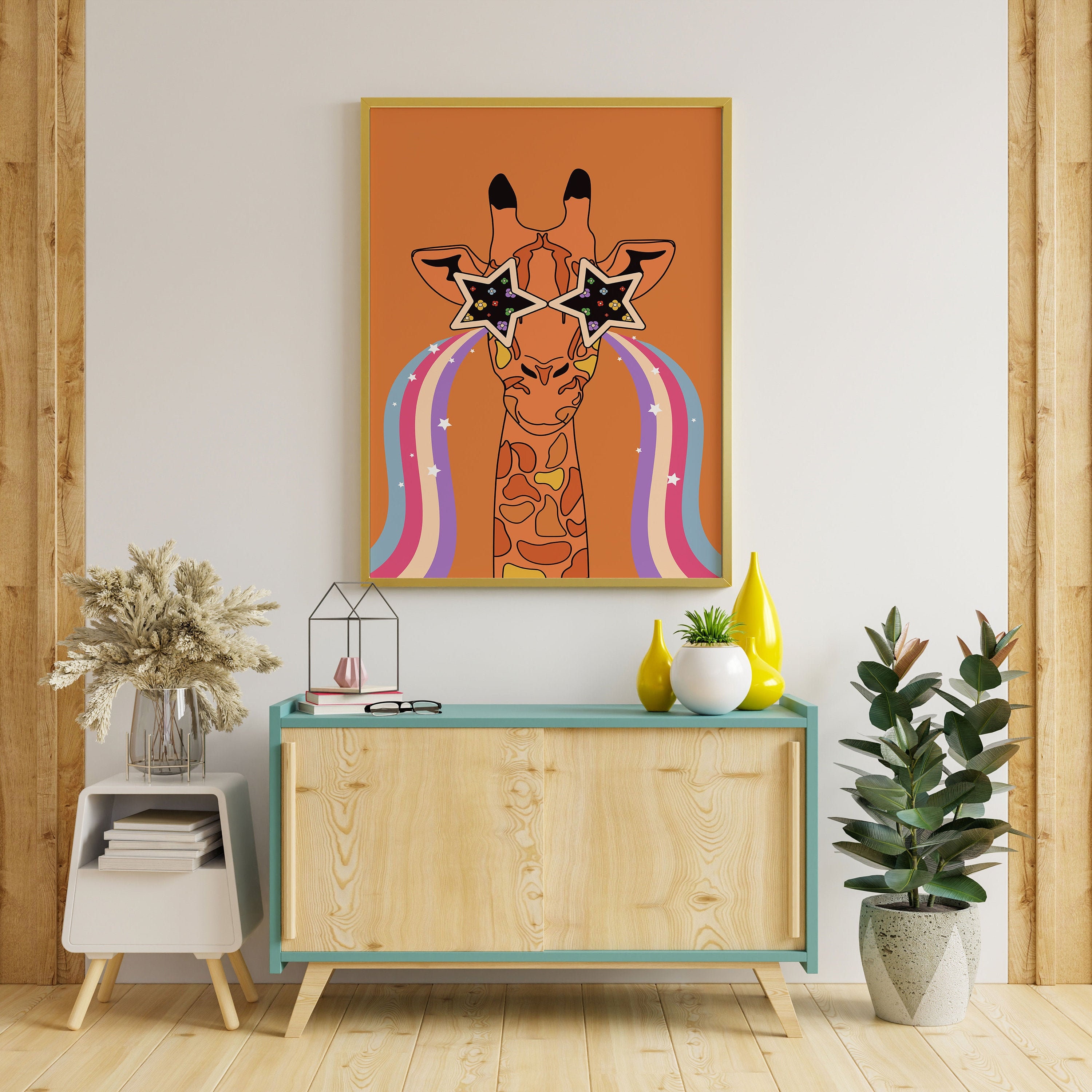 Retro Giraffe Print Funky Giraffe Wall Art With Rainbow - Etsy UK